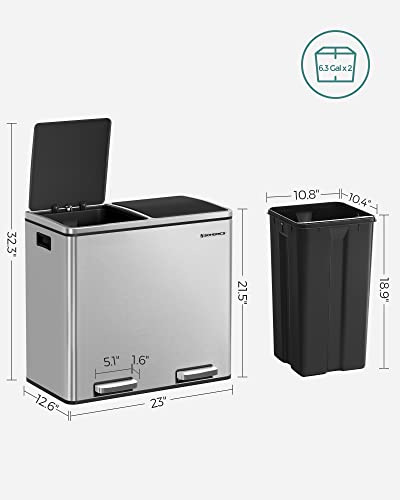 SONGMICS Trash Can, 2 x 6.3-Gallon (2 x 24L) Dual Garbage Can, Pedal Recycle Bin with Lids and Inner Buckets for Small Kitchens, Stainless Steel, Soft Closure, Airtight, Silver ULTB48NL