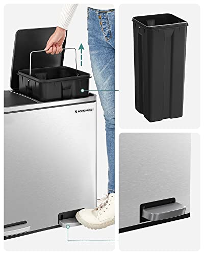 SONGMICS Trash Can, 2 x 6.3-Gallon (2 x 24L) Dual Garbage Can, Pedal Recycle Bin with Lids and Inner Buckets for Small Kitchens, Stainless Steel, Soft Closure, Airtight, Silver ULTB48NL