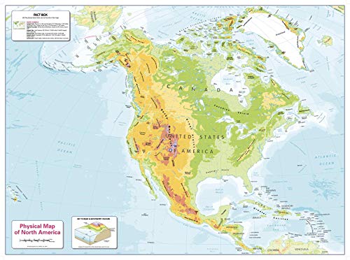 Color Blind Friendly Children's Physical Map of North America - 35.75" x 26.5" Laminated