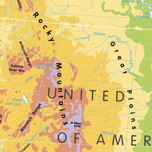 Color Blind Friendly Children's Physical Map of North America - 35.75" x 26.5" Laminated