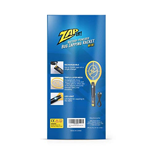 ZAP IT! Bug Zapper Rechargeable Bug Zapper Racket W/ Blue Light Attractant, 4,000 Volt, USB Charging Cable