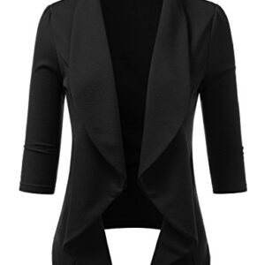 DOUBLJU Womens Lightweight Thin 3/4 Sleeve Open Front Blazer Jacket with Plus Size Black