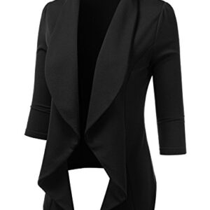 DOUBLJU Womens Lightweight Thin 3/4 Sleeve Open Front Blazer Jacket with Plus Size Black