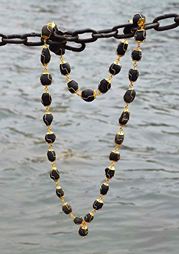 rudradivine Original Shaligram Shila Kantha with Gold Plated Cap Chain/Shaligram Big mala | Real Shaligram Stone from Gandak River Nepal | 32+1 Beads