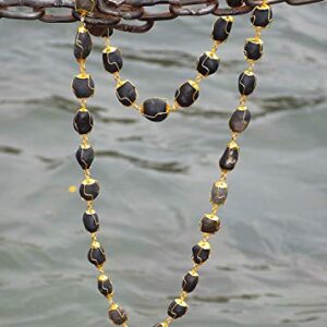 rudradivine Original Shaligram Shila Kantha with Gold Plated Cap Chain/Shaligram Big mala | Real Shaligram Stone from Gandak River Nepal | 32+1 Beads