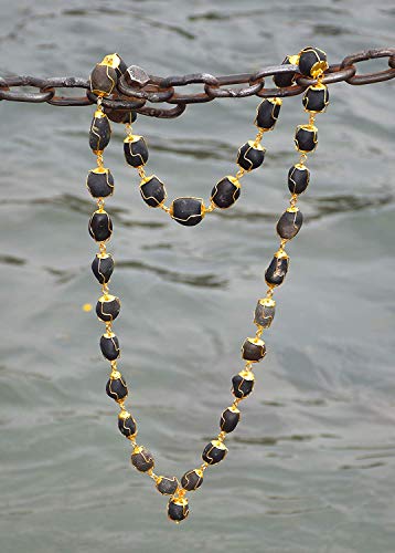 rudradivine Original Shaligram Shila Kantha with Gold Plated Cap Chain/Shaligram Big mala | Real Shaligram Stone from Gandak River Nepal | 32+1 Beads