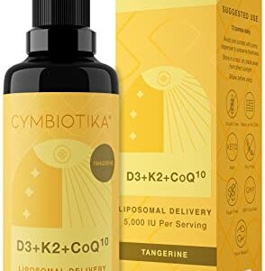 CYMBIOTIKA Vitamin D3 + K2 + CoQ10 Liquid, Vitamin D Supplement for Immune Support, Heart Health & Bone Health, Energy Booster, Liposomal Delivery, Vegan, Keto Ingredients, Tangerine Flavor