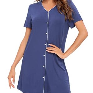 SWOMOG Women's Button Down Nightgown Short Sleeve Nightshirt V-Neck Sleepwear Boyfriend Sleepshirt Pajama Dress