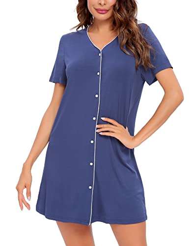 SWOMOG Women's Button Down Nightgown Short Sleeve Nightshirt V-Neck Sleepwear Boyfriend Sleepshirt Pajama Dress