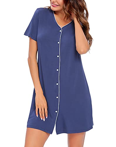 SWOMOG Women's Button Down Nightgown Short Sleeve Nightshirt V-Neck Sleepwear Boyfriend Sleepshirt Pajama Dress