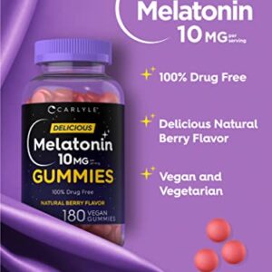 Carlyle Melatonin Gummies 10mg | 180 Count | Adult Drug Free Aid | Natural Berry Flavor | Vegan, Non-GMO, Gluten Free