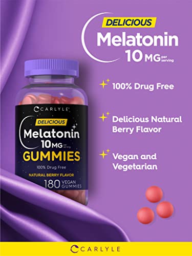 Carlyle Melatonin Gummies 10mg | 180 Count | Adult Drug Free Aid | Natural Berry Flavor | Vegan, Non-GMO, Gluten Free