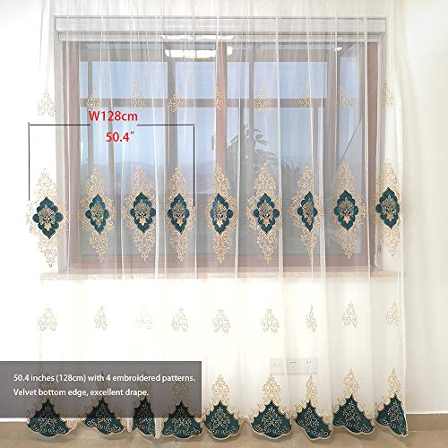 SLOW SOUL 2 Panels European Luxury Curtains Velvet Embroidered Tulle for Living Room Kitchen Bedroom Sheer Curtain with Rod Pocket Teal Green 50W X 84L inch