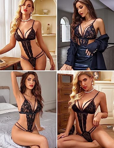 Avidlove teddy lingerie for women One Piece Lingerie Deep V Lace Bodysuit Babydoll Teddy Underwear Black S