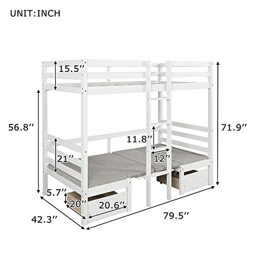 MERITLINE Twin Over Twin Bunk Bed, Convertible Dorm Loft Bed with Desk and Storage Drawers for Kids Teens, No Box Spring Needed (White Loft Bunk Beds)