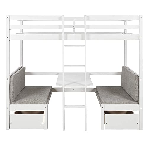 MERITLINE Twin Over Twin Bunk Bed, Convertible Dorm Loft Bed with Desk and Storage Drawers for Kids Teens, No Box Spring Needed (White Loft Bunk Beds)