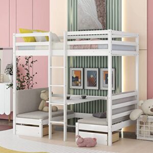 MERITLINE Twin Over Twin Bunk Bed, Convertible Dorm Loft Bed with Desk and Storage Drawers for Kids Teens, No Box Spring Needed (White Loft Bunk Beds)