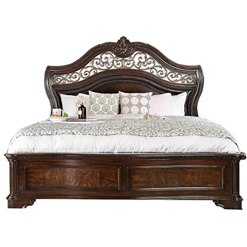 Benjara California King Wooden Bed with Intricate Carved Headboard, Brown