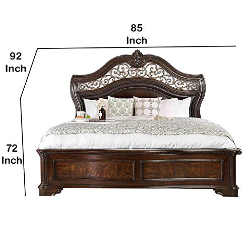 Benjara California King Wooden Bed with Intricate Carved Headboard, Brown