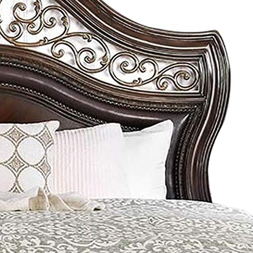 Benjara California King Wooden Bed with Intricate Carved Headboard, Brown