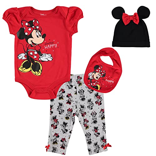 Disney Minnie Mouse Newborn Baby Girls 4 Piece Outfit Set: Bodysuit Pants Bib Hat Red 0-3 Months