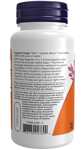 NOW Supplements, Sleep Regimen 3-In-1, With Melatonin, 5-HTP and L-Theanine, Restful Sleep Blend*, 90 Veg Capsules