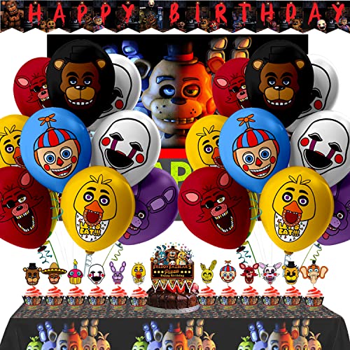 Nelton Birthday Party Supplies For FNAF Includes Banner - Backdrop - Cake Topper - 24 Cupcake Toppers - 24 Balloons - Table Cloth