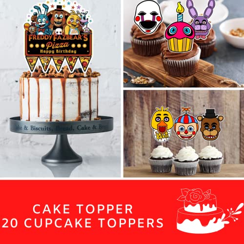 Nelton Birthday Party Supplies For FNAF Includes Banner - Backdrop - Cake Topper - 24 Cupcake Toppers - 24 Balloons - Table Cloth