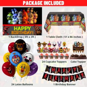 Nelton Birthday Party Supplies For FNAF Includes Banner - Backdrop - Cake Topper - 24 Cupcake Toppers - 24 Balloons - Table Cloth