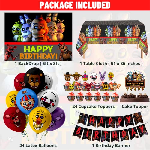 Nelton Birthday Party Supplies For FNAF Includes Banner - Backdrop - Cake Topper - 24 Cupcake Toppers - 24 Balloons - Table Cloth