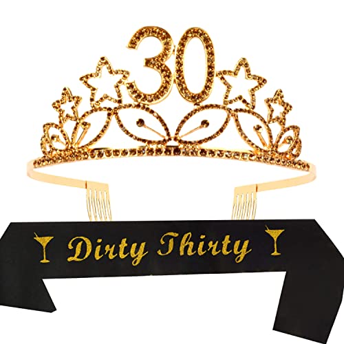 MEANT2TOBE 30th Birthday Sash & Tiara Set for Women - Dirty Thirty Glitter Sash - Stars Rhinestone Golden Tiara - Gift for 30th Celebration Decorations, and Accessories