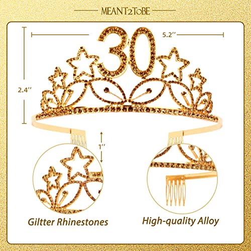 MEANT2TOBE 30th Birthday Sash & Tiara Set for Women - Dirty Thirty Glitter Sash - Stars Rhinestone Golden Tiara - Gift for 30th Celebration Decorations, and Accessories