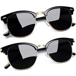 joopin black sunglasses polarized uv protection, vintage half frame shades for men women, retro trendy semi rimless dark sun glasses driving fishing working shady rays (black and gold)