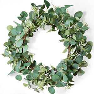 lifefair wreaths for front door, 20 inch artificial green eucalyptus leaf wreath, spring summer wreath for window home porch farmhouse patio garden decor, house warming gifts