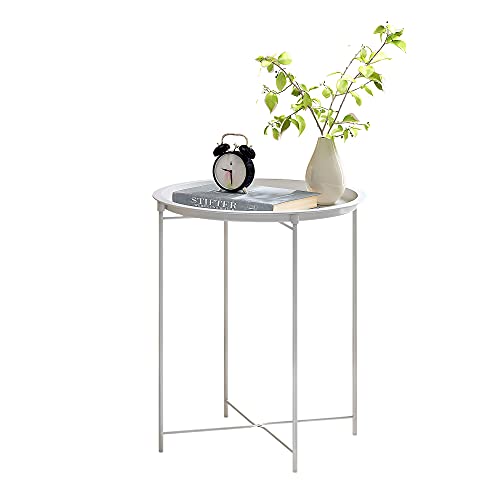 HOME BI Small Round End Table, Accent Side Table Nightstand with Removable Tray Top for Living Room Bedroom, Folding Mini Coffee Table, All Metal Frame, No Assembly Required, White