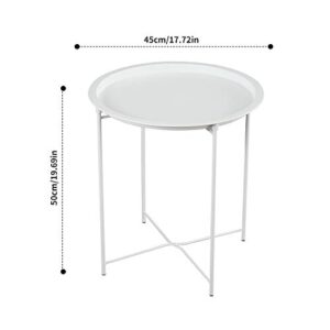 HOME BI Small Round End Table, Accent Side Table Nightstand with Removable Tray Top for Living Room Bedroom, Folding Mini Coffee Table, All Metal Frame, No Assembly Required, White