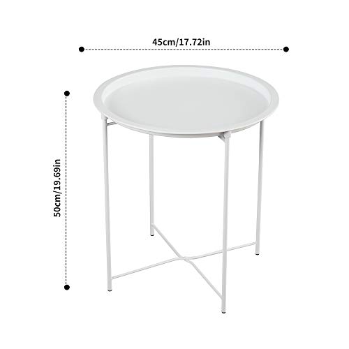 HOME BI Small Round End Table, Accent Side Table Nightstand with Removable Tray Top for Living Room Bedroom, Folding Mini Coffee Table, All Metal Frame, No Assembly Required, White