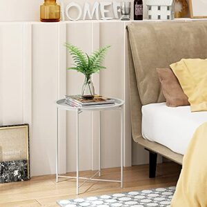 HOME BI Small Round End Table, Accent Side Table Nightstand with Removable Tray Top for Living Room Bedroom, Folding Mini Coffee Table, All Metal Frame, No Assembly Required, White