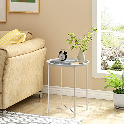 HOME BI Small Round End Table, Accent Side Table Nightstand with Removable Tray Top for Living Room Bedroom, Folding Mini Coffee Table, All Metal Frame, No Assembly Required, White