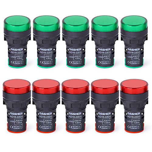 GASHER 12V/24V/110V 20mA Energy Saving Indicator Light Mounting Hole Size 22mm (7/8 Inch) Red Green 10 Pcs