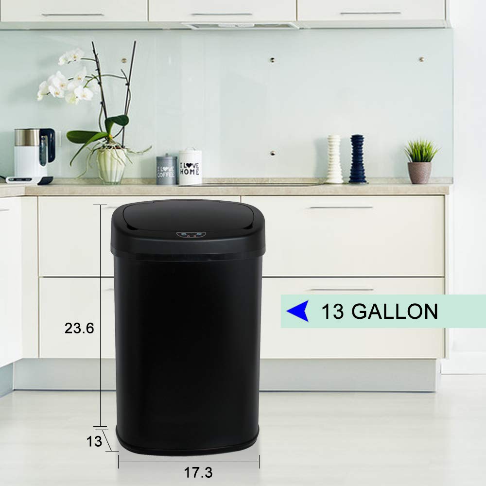 13 Gallon Stainless Steel Automatic Sensor Trash Can - No Touch Garbage Can Kitchen Waste Bin High-Capacity Bathroom Trash Can with Lid for Home Bedroom Office,Black