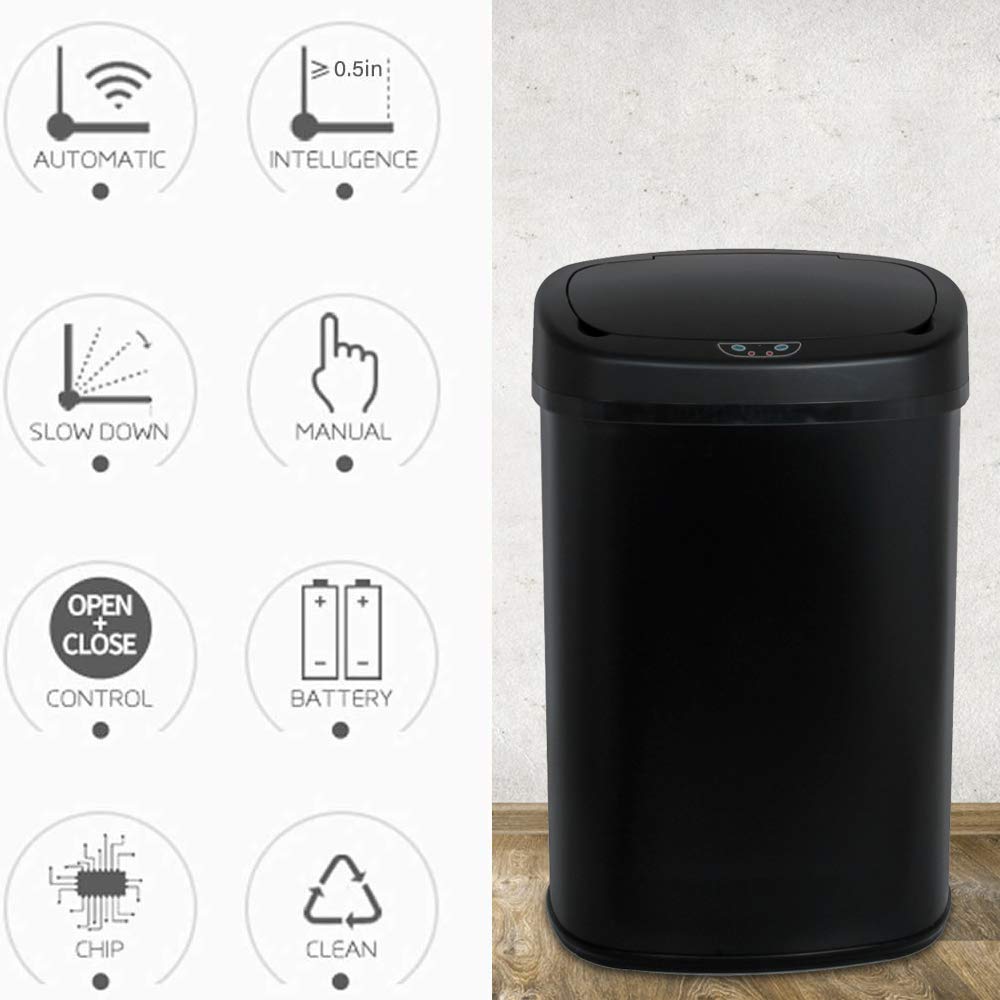 13 Gallon Stainless Steel Automatic Sensor Trash Can - No Touch Garbage Can Kitchen Waste Bin High-Capacity Bathroom Trash Can with Lid for Home Bedroom Office,Black