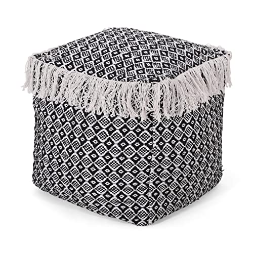 Christopher Knight Home Samantha Boho Fabric Cube Pouf, Black, White, 16x16x16 inches