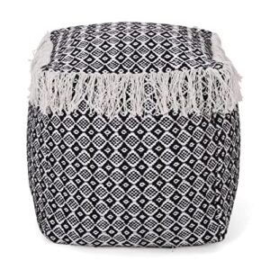 Christopher Knight Home Samantha Boho Fabric Cube Pouf, Black, White, 16x16x16 inches