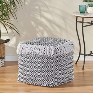 Christopher Knight Home Samantha Boho Fabric Cube Pouf, Black, White, 16x16x16 inches