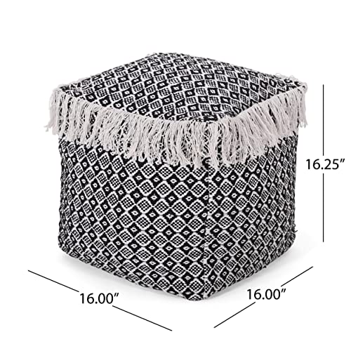 Christopher Knight Home Samantha Boho Fabric Cube Pouf, Black, White, 16x16x16 inches