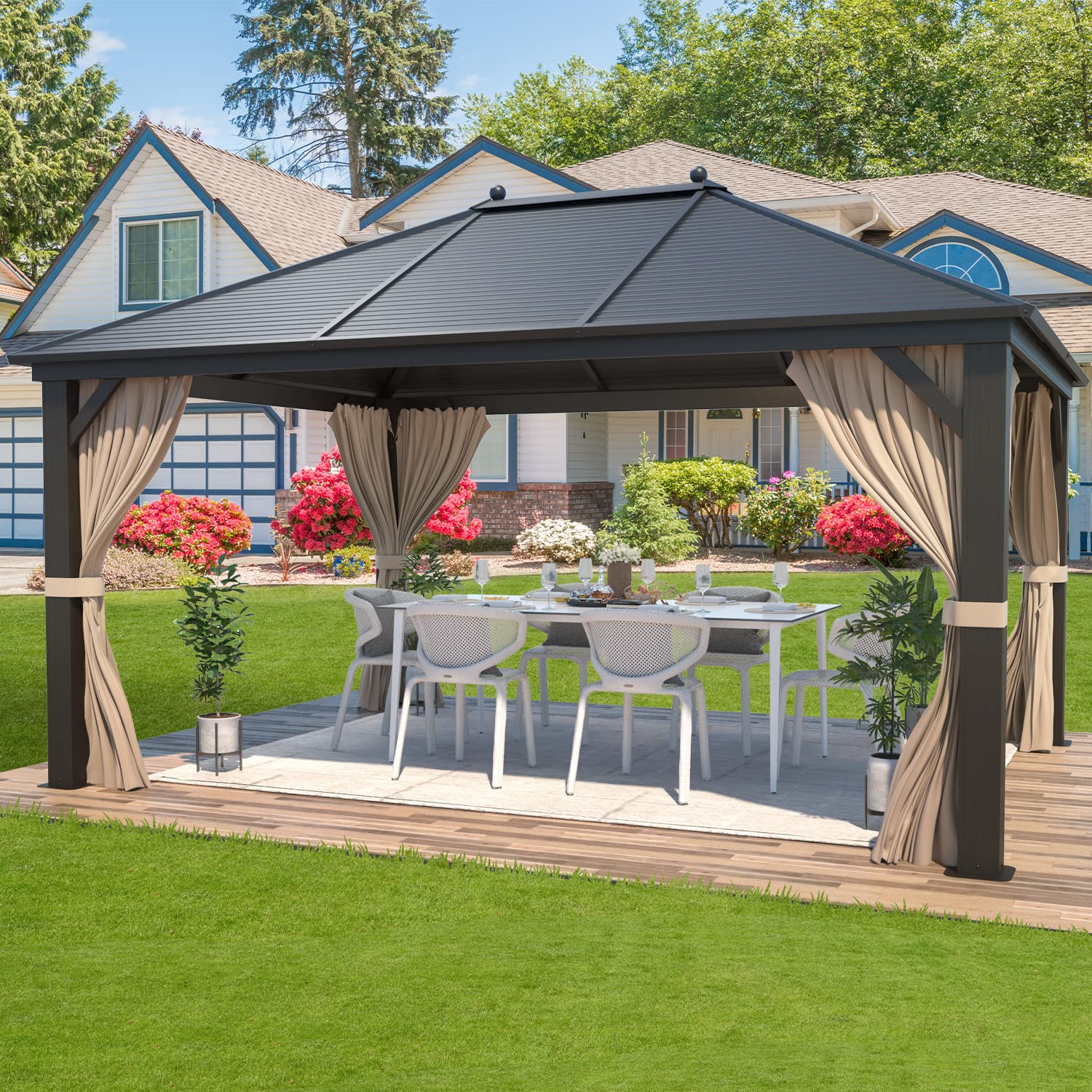 Mellcom Hardtop Gazebo 10x13ft Outdoor Galvanized Steel Canopy Curtains Aluminum Furniture with Netting for Garden,Patio,Lawns,Parties