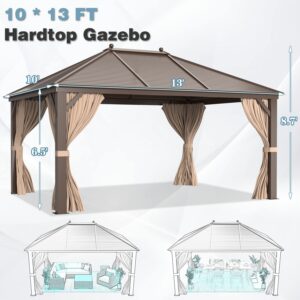 Mellcom Hardtop Gazebo 10x13ft Outdoor Galvanized Steel Canopy Curtains Aluminum Furniture with Netting for Garden,Patio,Lawns,Parties