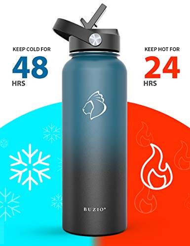 BUZIO Water Bottle with Straw Lid and Flex Cap, 40oz Modern Double Vacuum Stainless Steel Water Flask, Cold for 48 Hrs Hot for 24 Hrs Simple Thermo Canteen Mug, Indigo Black