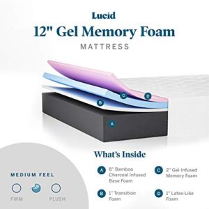 LUCID 12 Inch King Mattress – Medium Memory Foam Mattress – Bamboo Charcoal Foam – Gel Infused – Hypoallergenic Foam Mattress – Bed-in-A-Box- CertiPUR-US Certified, White